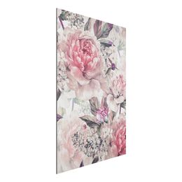 Alu Dibond Outdoor Bild - Zartes Aquarell Pfingstrosen Muster - Blumen rosa Landhaus Aquarell Deko Wohnzimmer Schlafzimmer