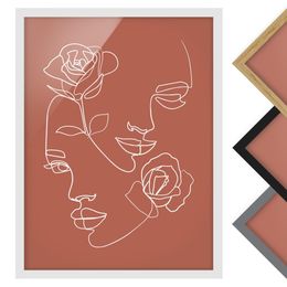 Bilderwelten Bild mit Rahmen originell rot Line Art inkl. Rahmung - Line Art Gesichter Frauen Rosen Kupfer - Rose Wohnzimmer Schlafzimmer