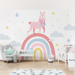 Bilderwelten Fototapete Tiere Illustration Wandtapete bunt - Lama auf Regenbogen mit Sternen und P&uuml;nktchen - Regenbogen Kinderzimmer Baby M&auml;dchen Jungen