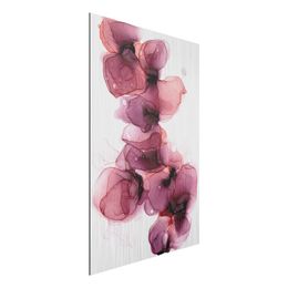 Alu Dibond Outdoor Bild - Wilde Bl&uuml;ten in Violett und Gold - originell pink modern Aquarell Deko Wohnzimmer Schlafzimmer