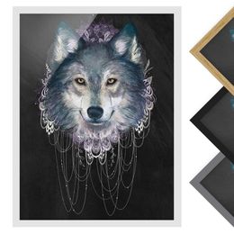 Bilderwelten Bild mit Rahmen Tiere schwarz Pop Art Aquarell - Illustration Wolf mit Boho Traumf&auml;nger Schwarz - Deko Wohnzimmer Schlafzimmer