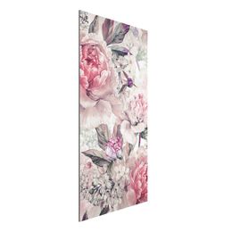 Bilderwelten Alu Dibond Outdoor Bild Blumen rosa Landhaus Aquarell - Zartes Aquarell Pfingstrosen Muster - Deko Wohnzimmer Schlafzimmer