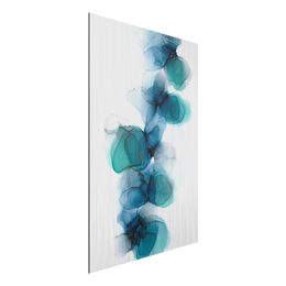 Alu Dibond Outdoor Bild - Wilde Bl&uuml;ten in Blau und Gold - originell t&uuml;rkis modern Aquarell Deko Wohnzimmer Schlafzimmer