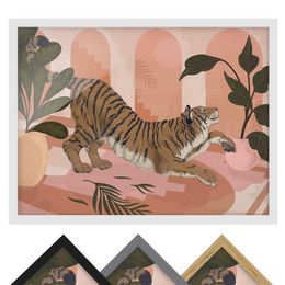 Bilderwelten Bild mit Rahmen Tiere rosa Pop Art inkl. Rahmung - Illustration Tiger in Pastell Rosa Malerei - Tiger Wohnzimmer Schlafzimmer