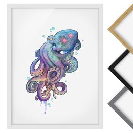 Bilderwelten Bild mit Rahmen Tiere violett Pop Art Aquarell - Illustration Oktopus Violett T&uuml;rkis Malerei - Fische Wohnzimmer Schlafzimmer