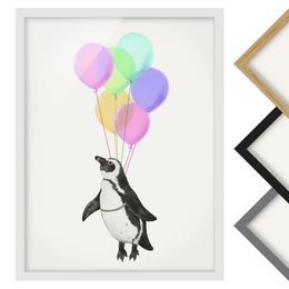 Bilderwelten Bild mit Rahmen Tiere bunt Pop Art Aquarell - Illustration Pinguin Pastell Luftballons - V&ouml;gel Wohnzimmer Schlafzimmer