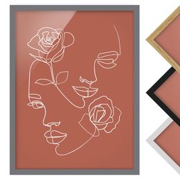 Bilderwelten Bild mit Rahmen - Hochformat Line Art Gesichter Frauen Rosen Kupfer