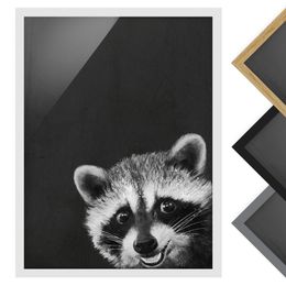 Bilderwelten Bild mit Rahmen Tiere schwarz Pop Art Aquarell - Illustration Waschb&auml;r Schwarz Wei&szlig; Malerei - B&auml;r Wohnzimmer Schlafzimmer