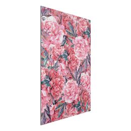 Alu Dibond Outdoor Bild - Zartes Aquarell Rote Pfingstrosen Muster - Blumen rot Illustration Aquarell Rose Wohnzimmer Schlafzimmer