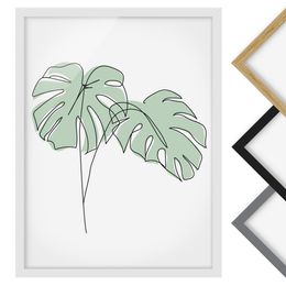 Bilderwelten Bild mit Rahmen originell gr&uuml;n Line Art inkl. Rahmung - Monstera Bl&auml;tter Line Art - Pflanzen Wohnzimmer Schlafzimmer