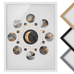 Bilderwelten Bild mit Rahmen originell gold Abstrakt Aquarell - Mondphasen Abstrakt Gold - Deko Wohnzimmer Schlafzimmer