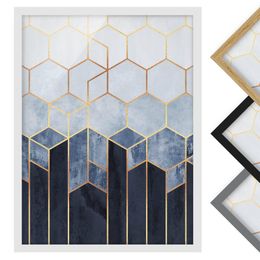 Bilderwelten Bild mit Rahmen originell blau Abstrakt Aquarell - Goldene Sechsecke Blau Wei&szlig; - Geometrisch Wohnzimmer Schlafzimmer