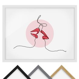Bilderwelten Bild mit Rahmen - Querformat Lippen Kuss Line Art