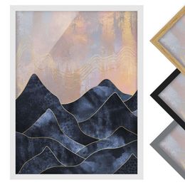 Bilderwelten Bild mit Rahmen originell blau Abstrakt Aquarell - Goldene D&auml;mmerung &uuml;ber Gebirge - Deko Wohnzimmer Schlafzimmer