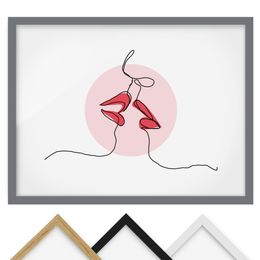 Bilderwelten Bild mit Rahmen - Querformat Lippen Kuss Line Art