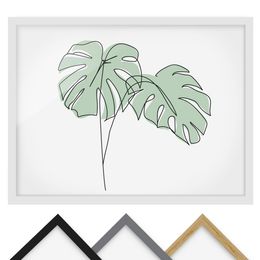 Bilderwelten Bild mit Rahmen originell gr&uuml;n Line Art inkl. Rahmung - Monstera Bl&auml;tter Line Art - Pflanzen Wohnzimmer Schlafzimmer