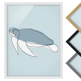 Bilderwelten Bild mit Rahmen Tiere blau Line Art inkl. Rahmung - Schildkr&ouml;te Line Art - Fische Wohnzimmer Schlafzimmer