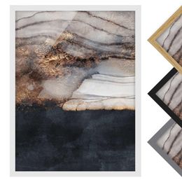 Bilderwelten Bild mit Rahmen originell schwarz Abstrakt Aquarell - Goldener Marmor gemalt - Deko Wohnzimmer Schlafzimmer