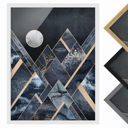 Bilderwelten Bild mit Rahmen originell blau Abstrakt Aquarell - Goldener Mond abstrakte schwarze Berge - Deko Wohnzimmer Schlafzimmer