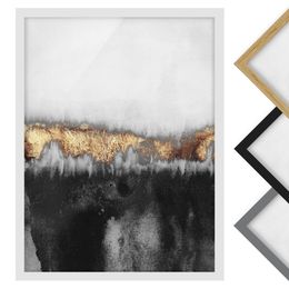 Bilderwelten Bild mit Rahmen originell gold Abstrakt Aquarell - Goldspuren in Aquarell - Deko Wohnzimmer Schlafzimmer