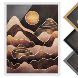 Bilderwelten Bild mit Rahmen Natur gold Abstrakt Aquarell - Goldene Sonne abstrakte Berge - Landschaft Wohnzimmer Schlafzimmer