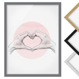 Bilderwelten Bild mit Rahmen - Hochformat Illustration Herz H&auml;nde Kreis Rosa Wei&szlig;