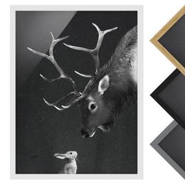 Bilderwelten Bild mit Rahmen Tiere schwarz Pop Art Aquarell - Illustration Hirsch und Hase Schwarz Wei&szlig; Malerei - Hirsch Wohnzimmer Schlafzimmer