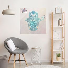 Bilderwelten Glasbild Spirituell Orientalisch blau Glas Wandbild - Hamsa Hand Illustration Mandala gold blau - Ornamente Wohnzimmer Schlafzimmer