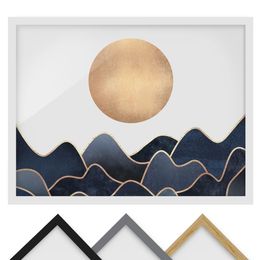 Bilderwelten Bild mit Rahmen Natur gold Abstrakt Aquarell - Goldene Sonne blaue Wellen - Landschaft Wohnzimmer Schlafzimmer