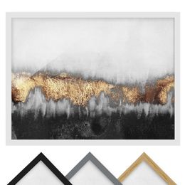 Bilderwelten Bild mit Rahmen originell gold Abstrakt Aquarell - Goldspuren in Aquarell - Deko Wohnzimmer Schlafzimmer