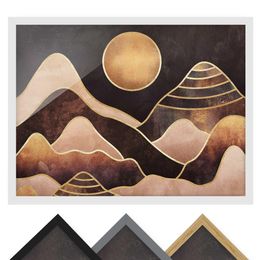 Bilderwelten Bild mit Rahmen - Querformat Goldene Sonne abstrakte Berge