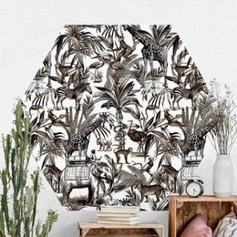Bilderwelten Hexagon Tapete Tiere Orientalisch Wandtapete grau - Elefanten Giraffen Zebras und Tiger Schwarz-Wei&szlig; mit Braunton - Elefant Wohnzimmer Schlafzimmer