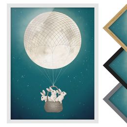 Bilderwelten Bild mit Rahmen Tiere t&uuml;rkis Pop Art inkl. Rahmung - Illustration Hasen Mond-Hei&szlig;luftballon Sternenhimmel - Deko Wohnzimmer Schlafzimmer