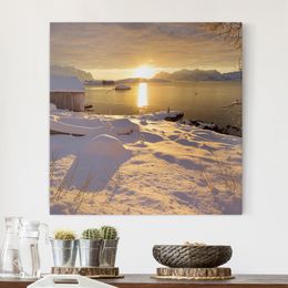 Bilderwelten Leinwandbild Natur Motiv Kunstdruck beige - Bootshaus bei Gammelgarden - Landschaft XXL Wohnzimmer Schlafzimmer