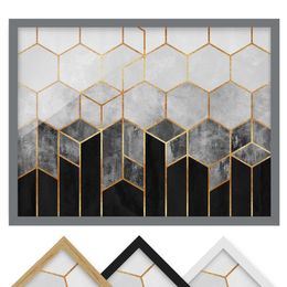 Bilderwelten Bild mit Rahmen - Querformat Goldene Sechsecke Schwarz Wei&szlig;