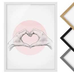 Bilderwelten Bild mit Rahmen originell rosa Pop Art inkl. Rahmung - Illustration Herz H&auml;nde Kreis Rosa Wei&szlig; - Deko Wohnzimmer Schlafzimmer