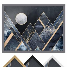 Bilderwelten Bild mit Rahmen - Querformat Goldener Mond abstrakte schwarze Berge