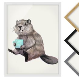 Bilderwelten Bild mit Rahmen Tiere braun Pop Art inkl. Rahmung - Illustration Biber mit Kaffeetasse - Deko Wohnzimmer Schlafzimmer