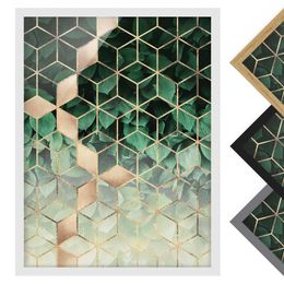 Bilderwelten Bild mit Rahmen originell gr&uuml;n Abstrakt 3D-Effekt - Gr&uuml;ne Bl&auml;tter goldene Geometrie - Geometrisch Wohnzimmer Schlafzimmer