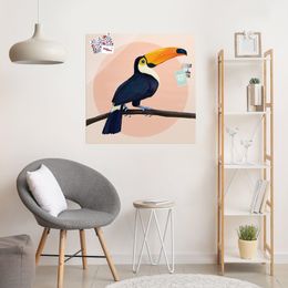 Bilderwelten Glasbild Tiere Pop Art rosa Aquarell - Illustration Vogel Tukan Malerei Pastell - V&ouml;gel Wohnzimmer Schlafzimmer