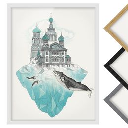 Gerahmtes Bild Illustration Kirche mit Kuppeln und Wal