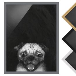 Bilderwelten Bild mit Rahmen - Hochformat Illustration Hund Mops Malerei auf Schwarz Wei&szlig;