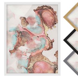 Bilderwelten Bild mit Rahmen originell rosa Abstrakt Aquarell - Goldenes Aquarell Ros&eacute; - Deko Wohnzimmer Schlafzimmer
