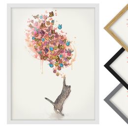 Bilderwelten Bild mit Rahmen Tiere rosa Pop Art Aquarell - Illustration Katze mit bunten Schmetterlingen Malerei - Katze Wohnzimmer Schlafzimmer