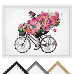 Bilderwelten Bild mit Rahmen Blumen rosa Pop Art inkl. Rahmung - Illustration Frau auf Fahrrad Collage bunte Blumen - Fahrrad Wohnzimmer Schlafzimmer