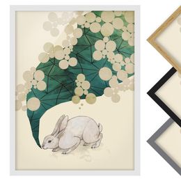 Bilderwelten Bild mit Rahmen Tiere gr&uuml;n Pop Art Aquarell - Illustration Hase mit Punkten und Dreiecken - Geometrisch Wohnzimmer Schlafzimmer