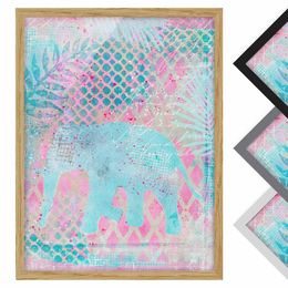 Bilderwelten Bild mit Rahmen - Hochformat Bunte Collage - Elefant in Blau und Rosa