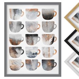 Bilderwelten Bild mit Rahmen - Hochformat Graue Kaffeetassen mit Gold