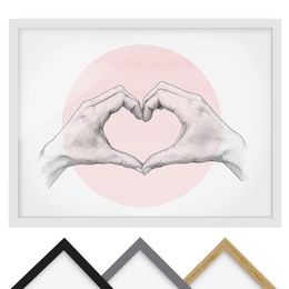 Bilderwelten Bild mit Rahmen originell rosa Pop Art inkl. Rahmung - Illustration Herz H&auml;nde Kreis Rosa Wei&szlig; - Deko Wohnzimmer Schlafzimmer