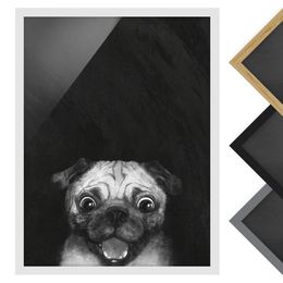 Bilderwelten Bild mit Rahmen Tiere schwarz Pop Art Aquarell - Illustration Hund Mops Malerei auf Schwarz Wei&szlig; - Hund Wohnzimmer Schlafzimmer